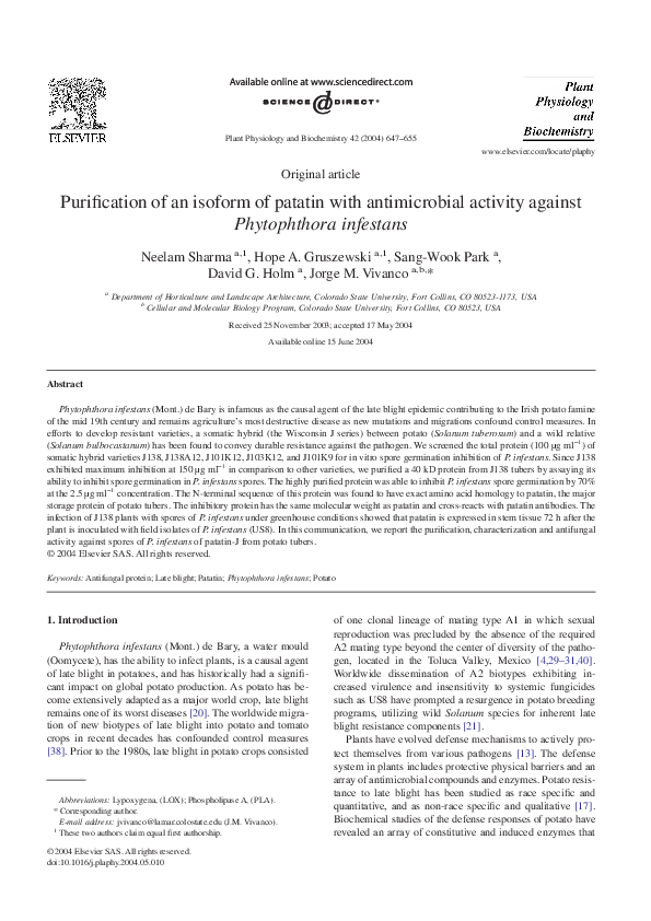 (PDF) Purification of an isoform of patatin with antimicrobial activity ...