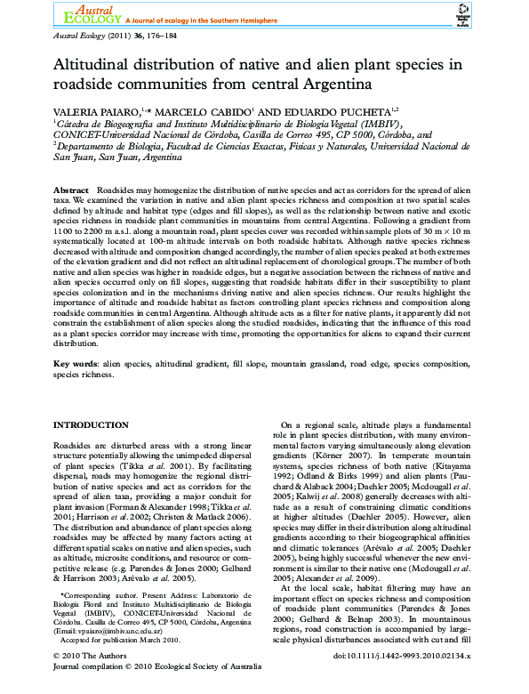 (PDF) Altitudinal distribution of native and alien plant species in roadside communities from ...