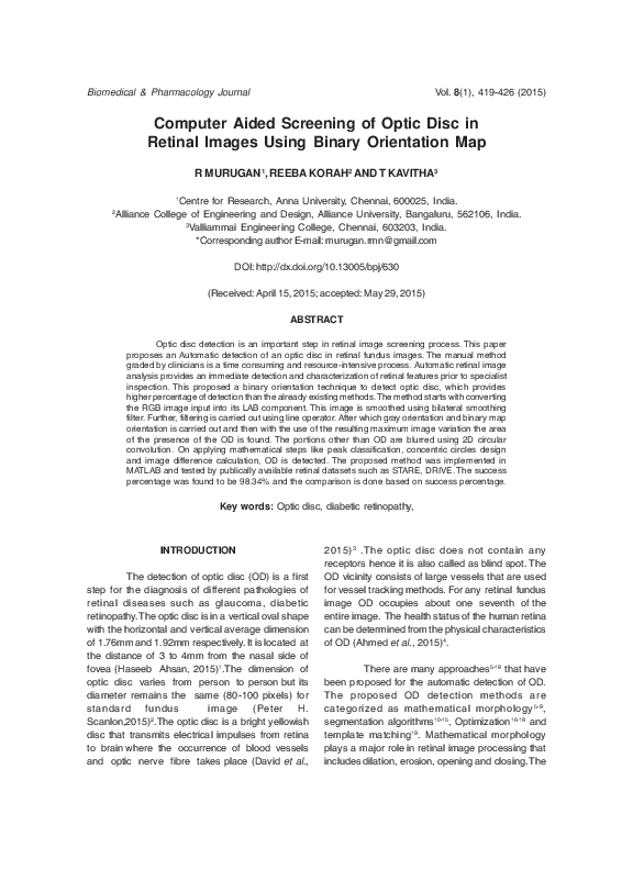 (PDF) Computer Aided Screening of Optic Disc in Retinal Images Using ...