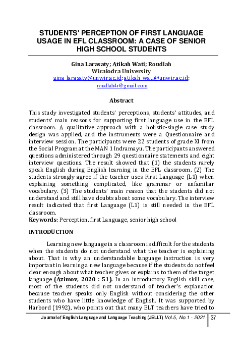 (PDF) Students' Perception of First Language Usage in Efl Classroom: A ...