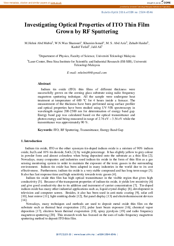 (PDF) Investigating optical properties of ITO thin film grown by RF sputtering