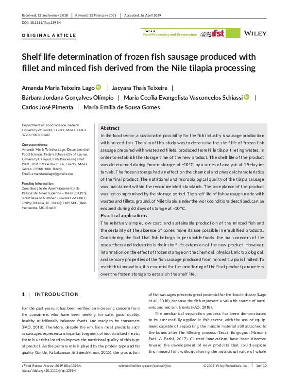 (PDF) Shelf life determination of frozen fish sausage produced with ...