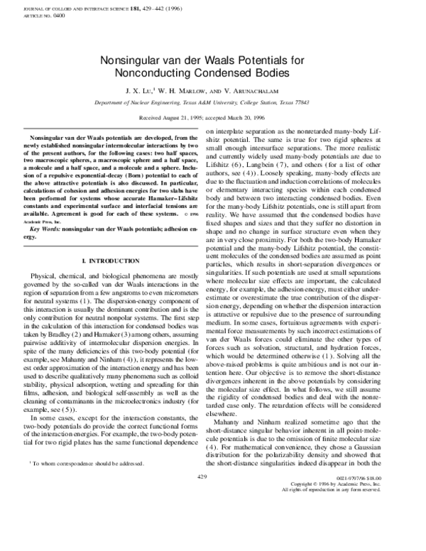 (PDF) Nonsingular van der Waals Potentials Explained