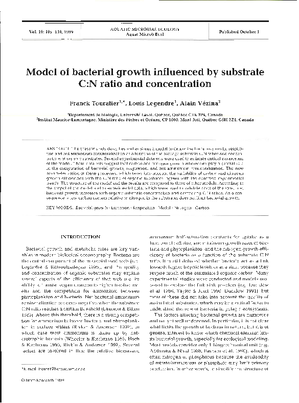 (PDF) Model of bacterial growth influenced by substrate C:N ratio and ...