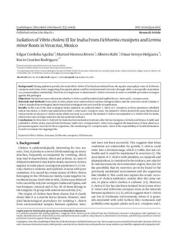 (PDF) Isolation of Vibrio cholera El Tor Inaba from Lemna minor and ...