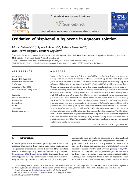 (PDF) Oxidation of bisphenol A by ozone in aqueous solution