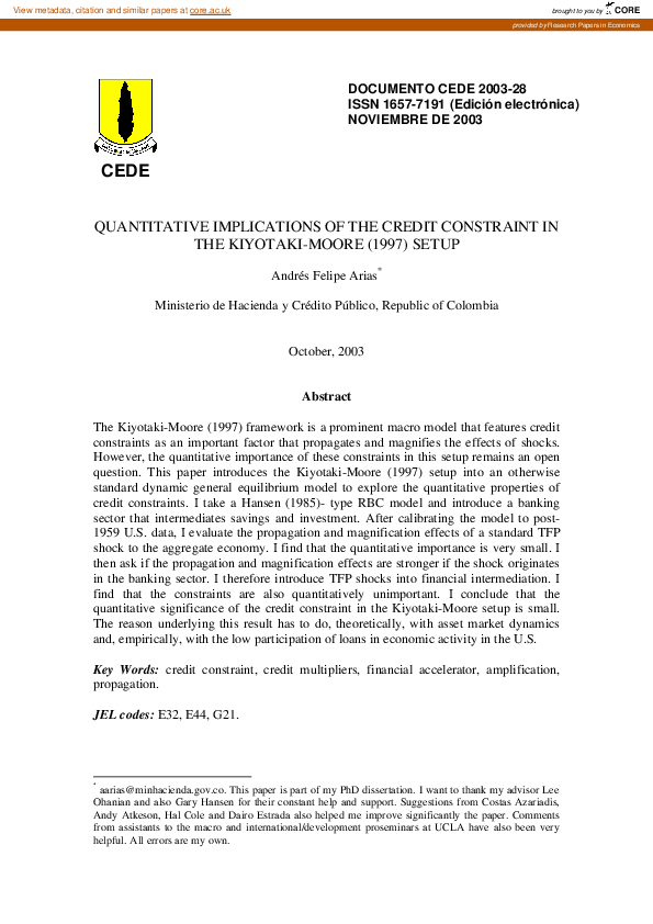 (PDF) Quantitative implications of the credit constraints in the kiyotaki-moore (1997) setup