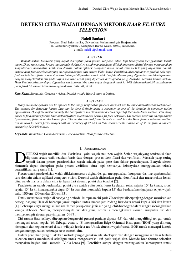 Pdf Deteksi Citra Wajah Dengan Metode Haar Feature Selection 7947