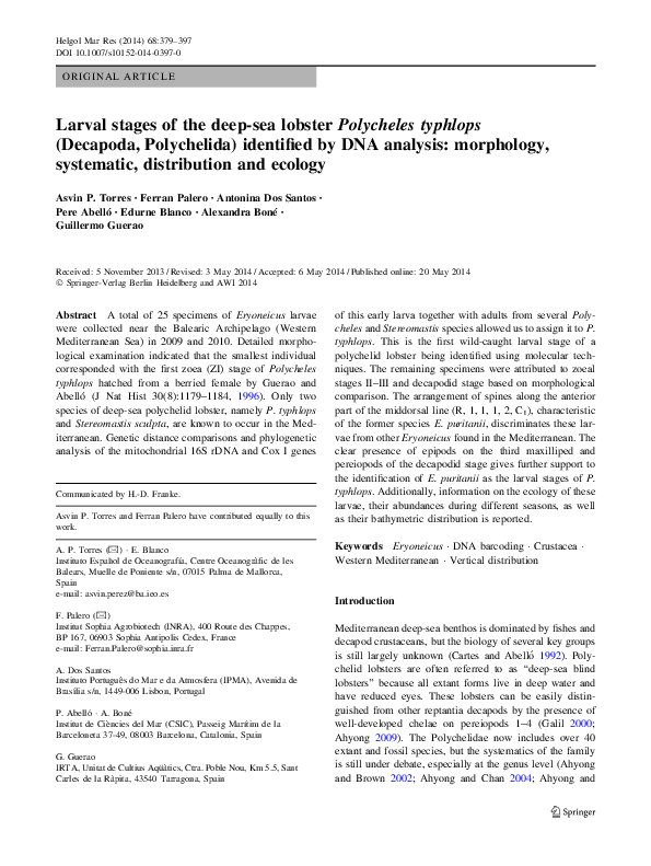 (PDF) Larval stages of the deep-sea lobster Polycheles typhlops ...