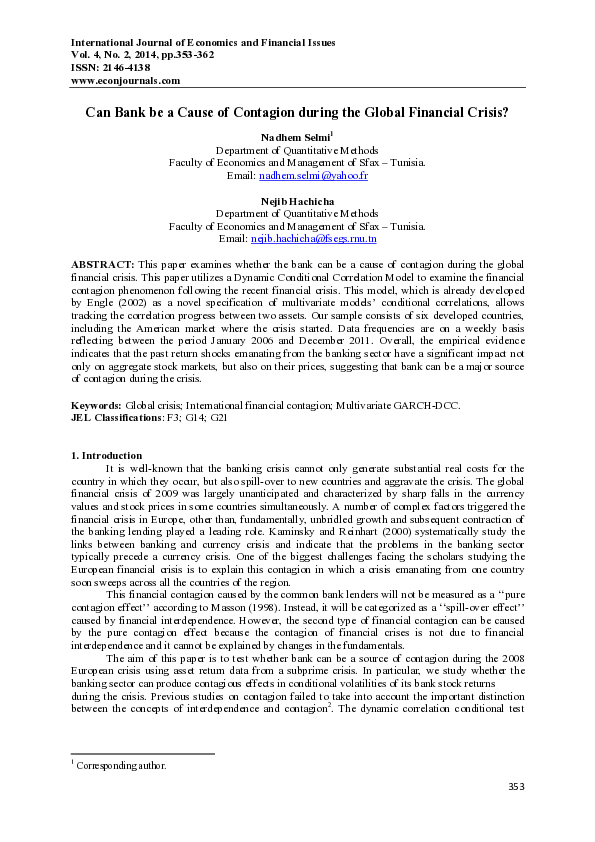 (PDF) Can Bank be a Cause of Contagion during the Global Financial Crisis?