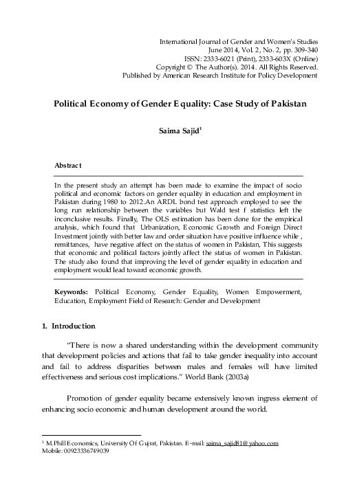 (PDF) Political Economy of Gender Equality : Case Study of Pakistan