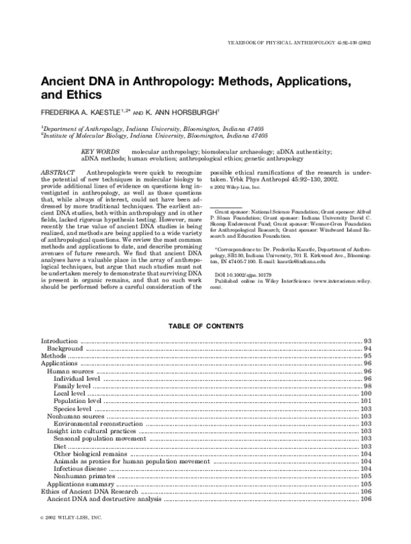 (PDF) Ancient DNA in anthropology: Methods, applications, and ethics