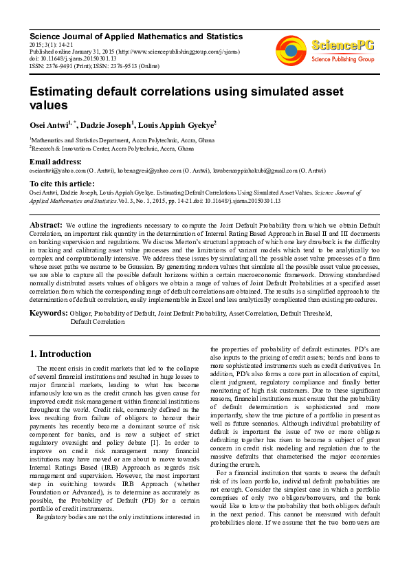 (PDF) Estimating Default Correlations Using Simulated Asset Values