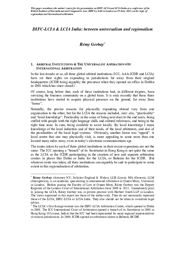 (PDF) DIFC-LCIA & LCIA India: Between Universalism and Regionalism | Remy gerbay - Academia.edu