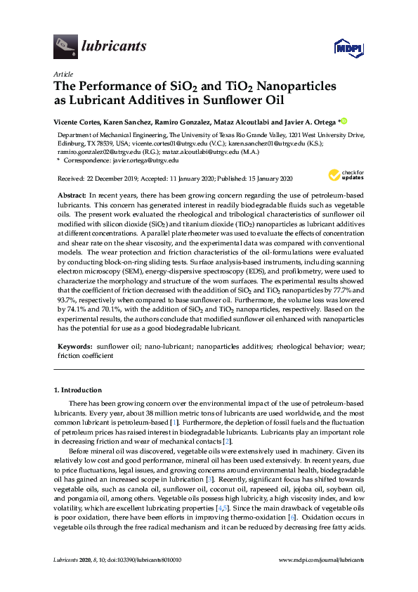(PDF) The Performance of SiO2 and TiO2 Nanoparticles as Lubricant Additives in Sunflower Oil