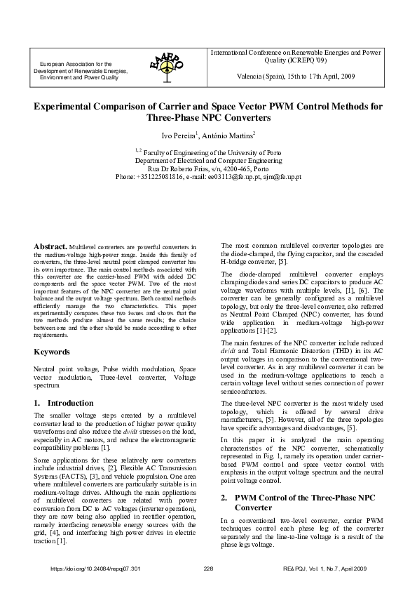 Pdf Experimental Comparison Of Carrier And Space Vector Pwm Control Methods For Three Phase