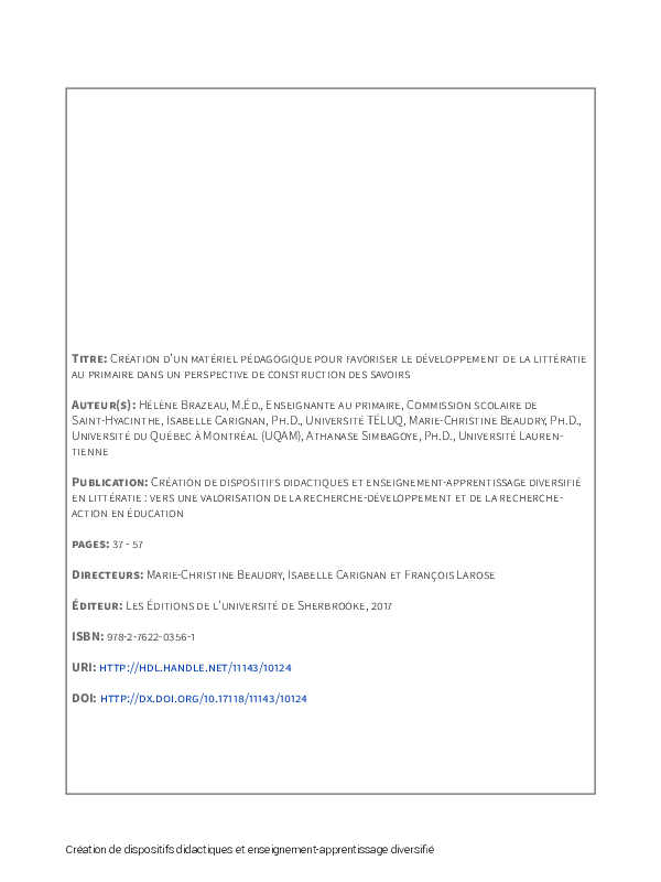 (PDF) Création d’un matériel pédagogique pour favoriser le développement de la littératie au ...