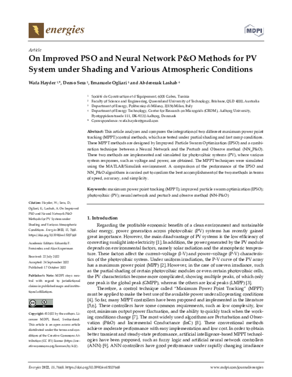 (PDF) On Improved PSO and Neural Network P&O Methods for PV System under Shading and Various ...