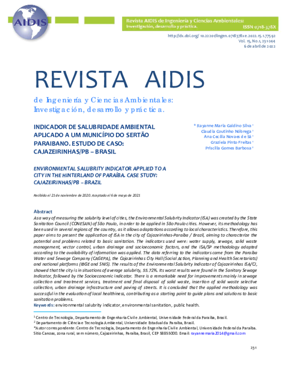 (PDF) Indicador De Salubridade Ambiental Aplicado a Um Município Do ...