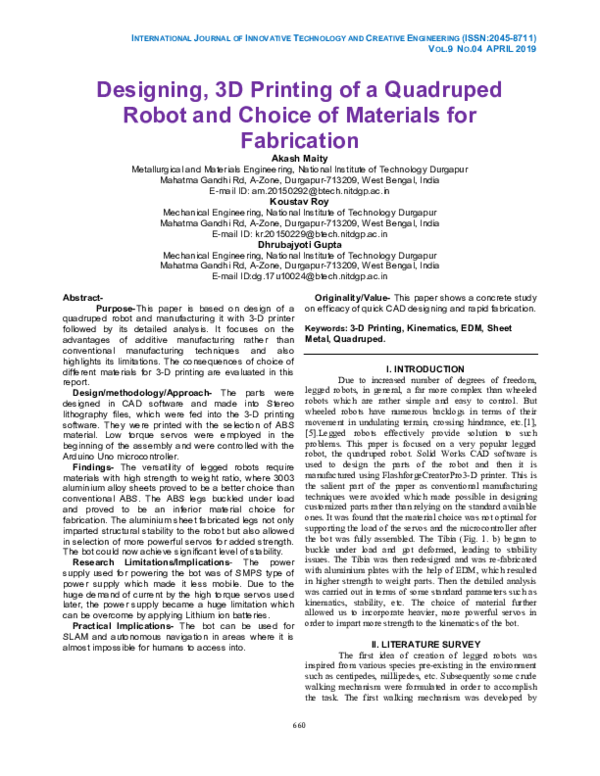 (PDF) Designing, 3D Printing of a Quadruped Robot and Choice of Materials for Fabrication