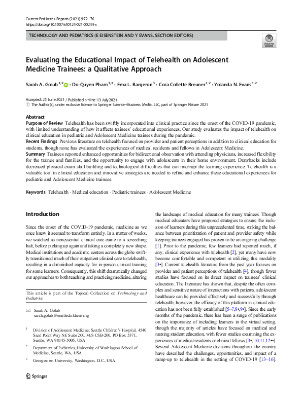 (PDF) Evaluating the Educational Impact of Telehealth on Adolescent Medicine Trainees: a ...