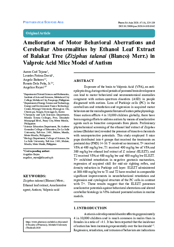 (PDF) Amelioration of Motor Behavioral Aberrations and Cerebellar ...