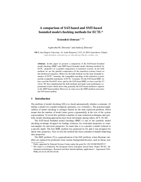 Pdf A Comparison Of Sat Based And Smt Based Bounded Model Checking Methods For Ectl