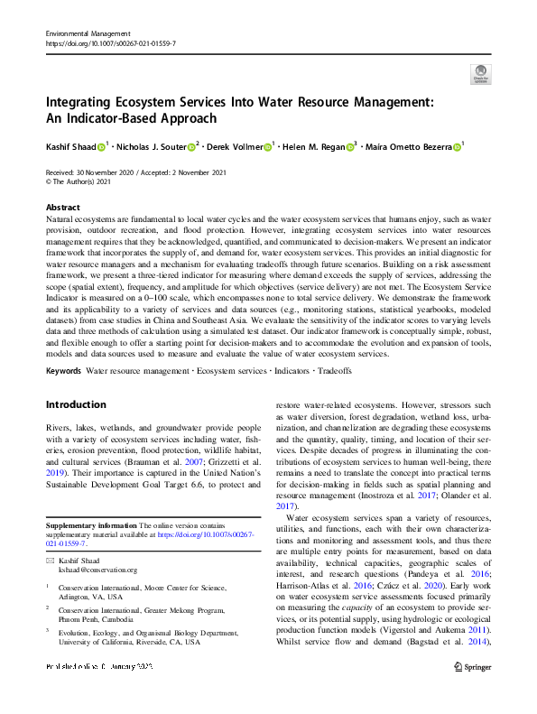 (PDF) Integrating Ecosystem Services Into Water Resource Management: An Indicator-Based Approach