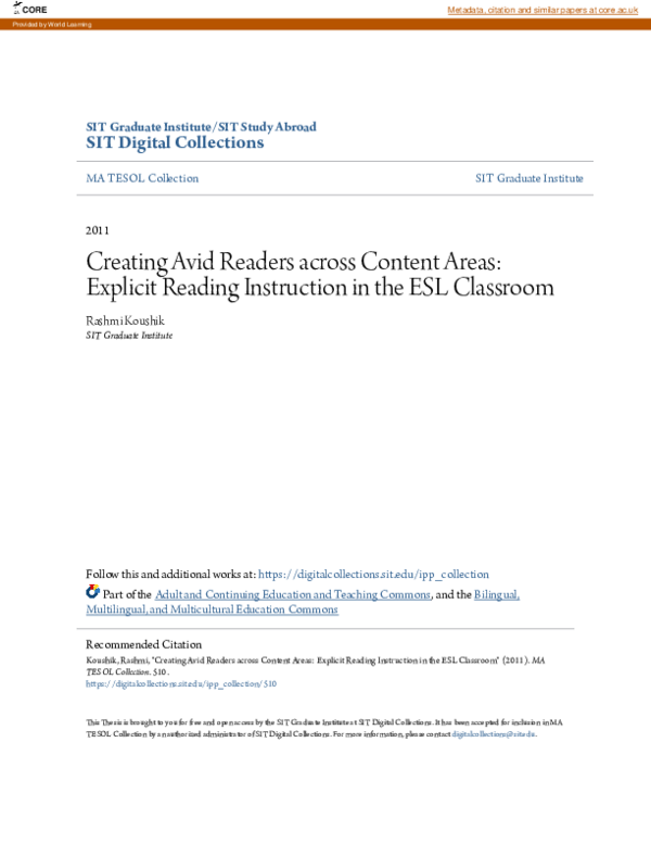 (PDF) Creating Avid Readers across Content Areas: Explicit Reading ...