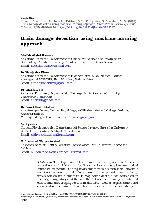 (PDF) Brain damage detection using machine learning approach