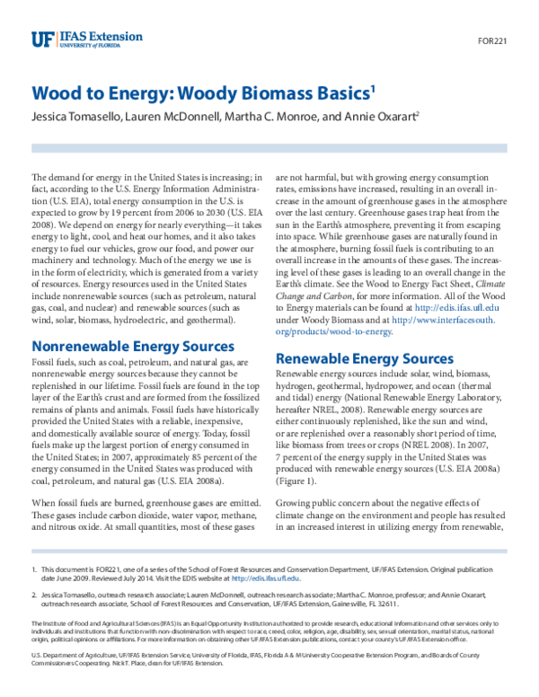 (PDF) Wood to Energy: Woody Biomass Basics 1