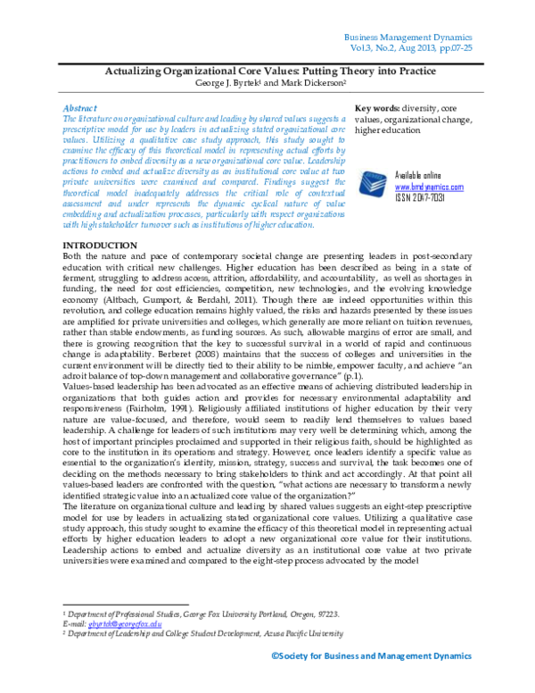 (PDF) Actualizing Organizational Core Values: Putting Theory into Practice