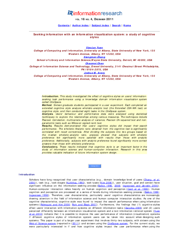 (PDF) Seeking Information with an Information Visualization System: A Study on Cognitive Styles