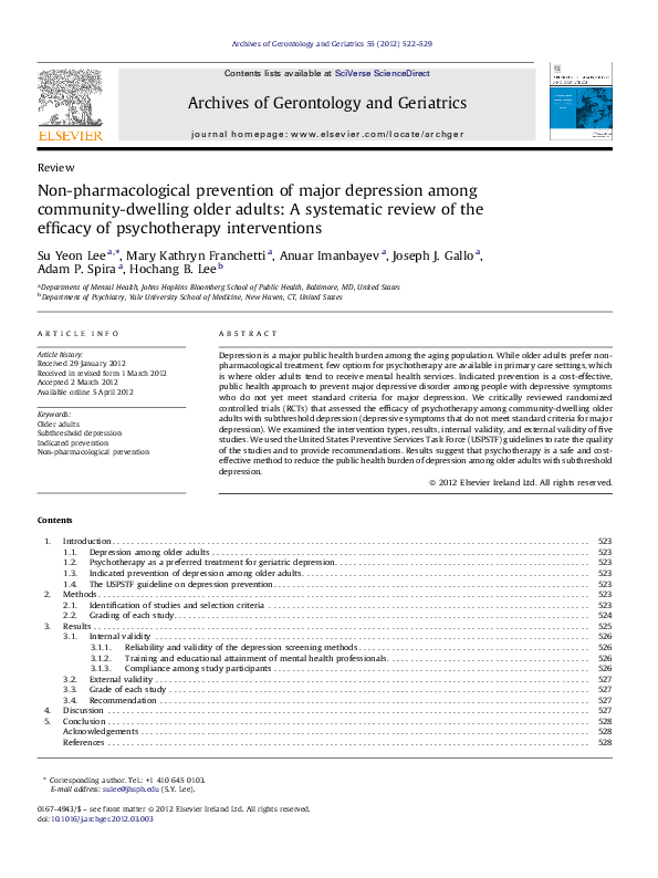 (PDF) Non-pharmacological prevention of major depression among community-dwelling older adults ...