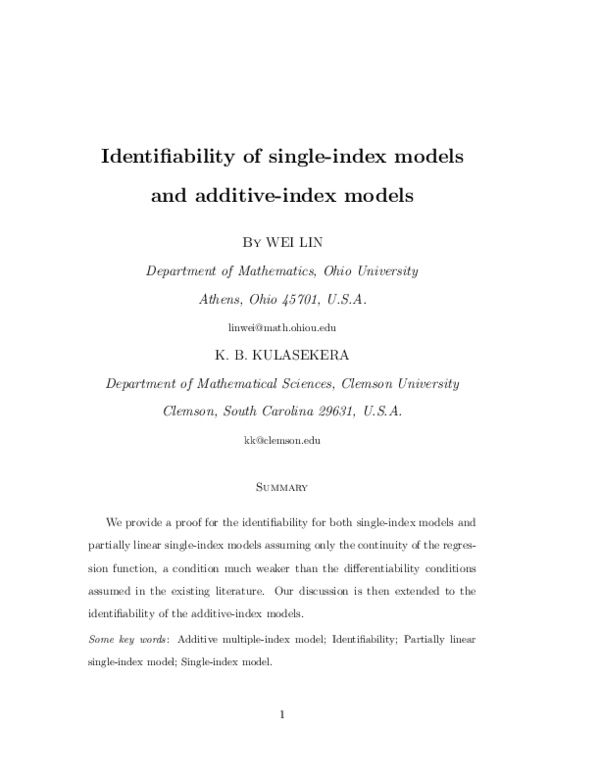 (PDF) Identifiability of single-index models and additive-index models