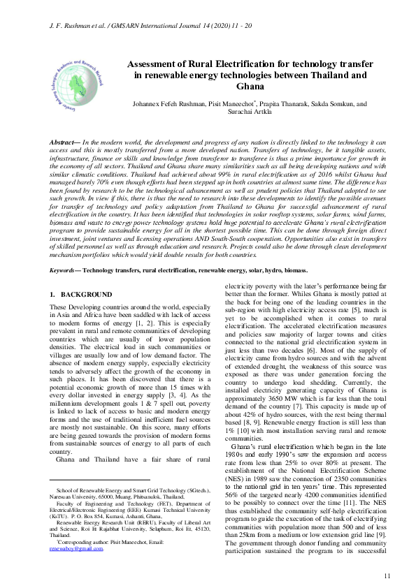 (PDF) Assessment of Rural Electrification for technology transfer in ...