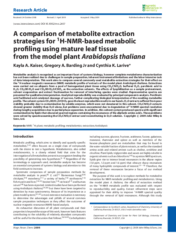 Pdf A Comparison Of Metabolite Extraction Strategies For 1h Nmr Based Metabolic Profiling