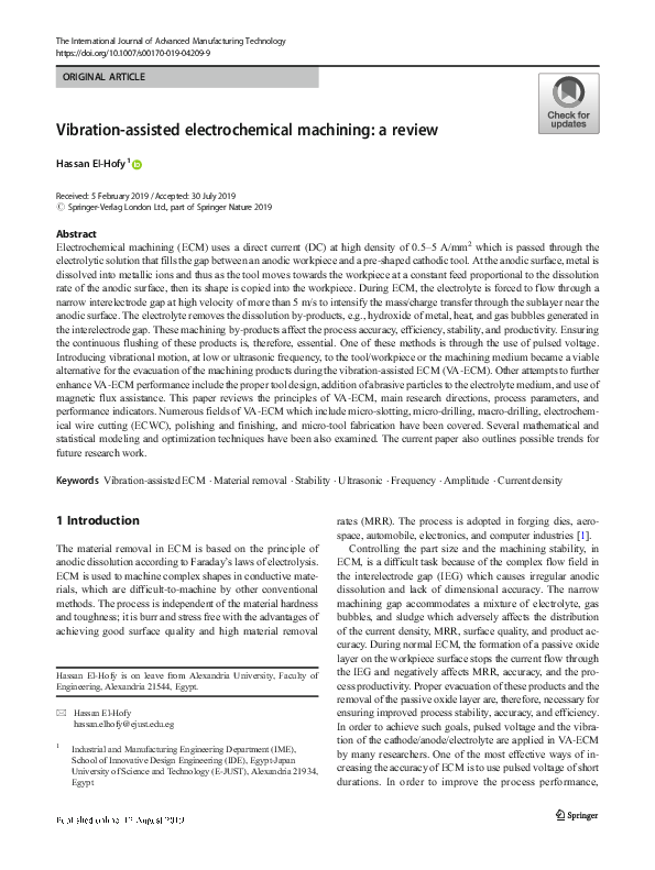 (PDF) Vibration-assisted electrochemical machining: a review