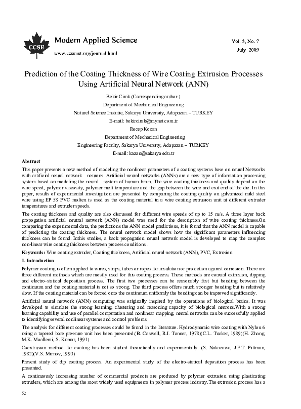 (PDF) Prediction of the coating thickness of wire coating extrusion processes using artificial ...