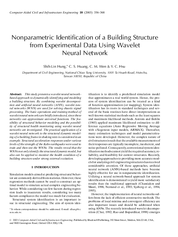 (PDF) Nonparametric Identification of a Building Structure from Experimental Data Using Wavelet ...