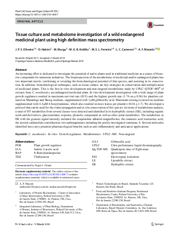 (PDF) Tissue culture and metabolome investigation of a wild endangered ...