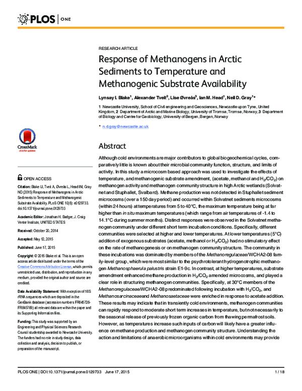 Pdf Response Of Methanogens In Arctic Sediments To Temperature And Methanogenic Substrate