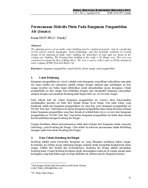 (PDF) Perencanaan Hidrolis Pintu Pada Bangunan Pengambilan Air (Intake)