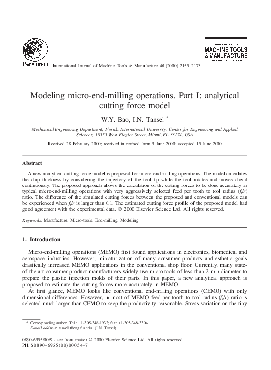 Pdf Modeling Micro End Milling Operations Part I Analytical Cutting Force Model
