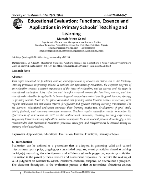 (PDF) Educational Evaluation: Functions, Essence and Applications in ...