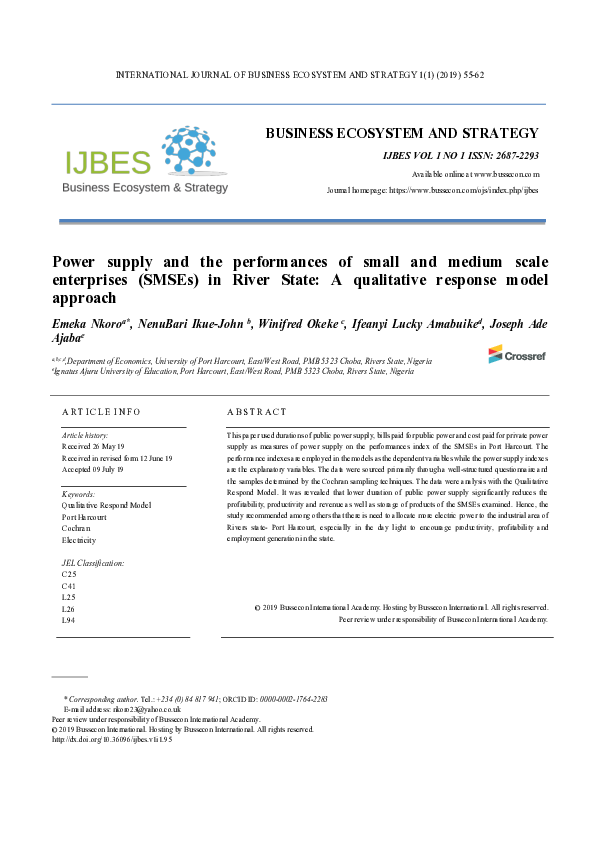 (PDF) Power supply and the performances of small and medium scale enterprises (SMSEs) in Rivers ...
