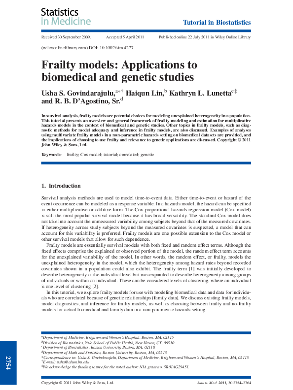 (PDF) Frailty models: Applications to biomedical and genetic studies