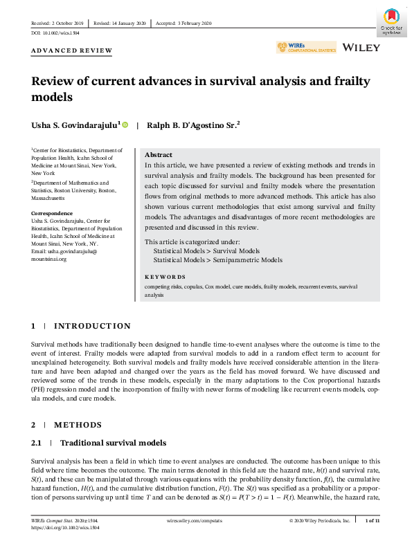 Pdf Review Of Current Advances In Survival Analysis And Frailty Models