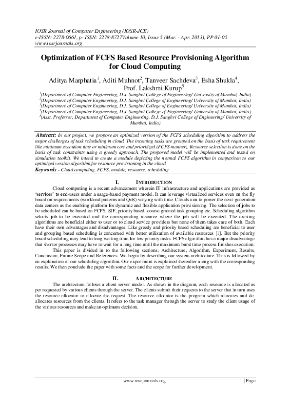 (PDF) Optimization of FCFS Based Resource Provisioning Algorithm for Cloud Computing