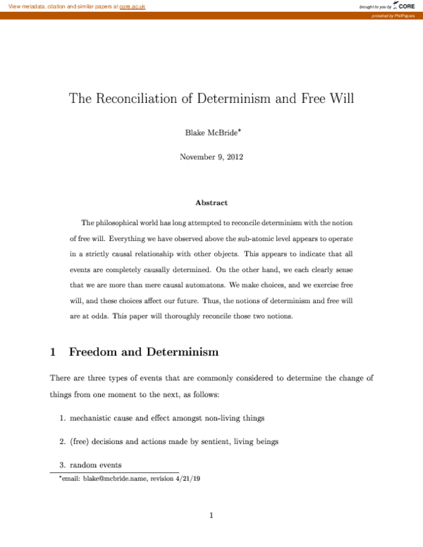 (PDF) The Reconciliation Of Determinism And Free Will